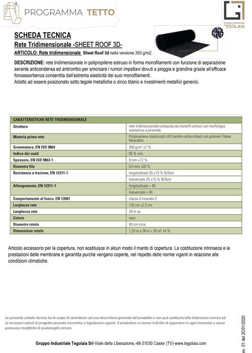 Rete Tridimensionale -SHEET ROOF 3D - Gruppo Industriale Tegolaia